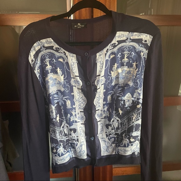 Etro | Sweaters | Etro Short Navy Cardigan With Silk Front Panels ...